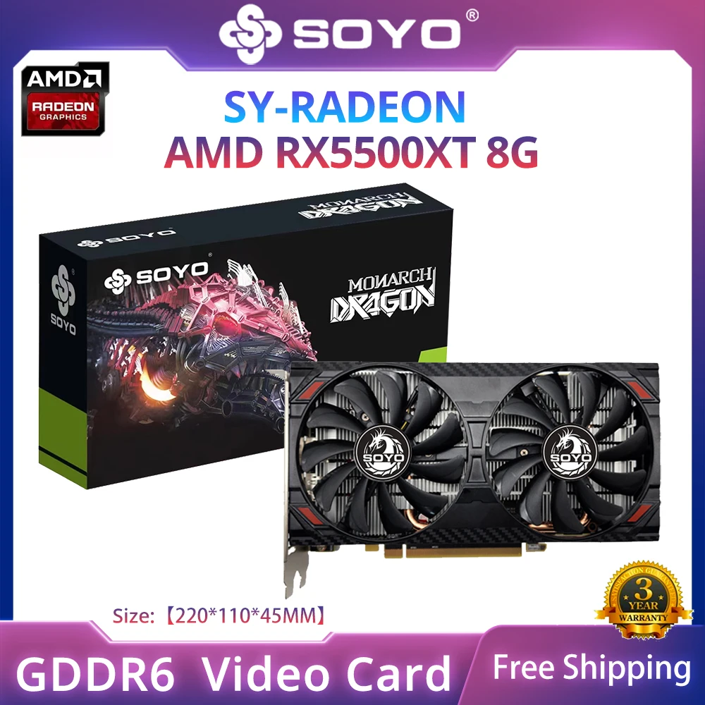 SOYO 오리지널 AMD Radeon RX5500XT 8G 그래픽 카드, GDDR6 메모리, 새로운 GPU 카드, 데스크탑 ...
