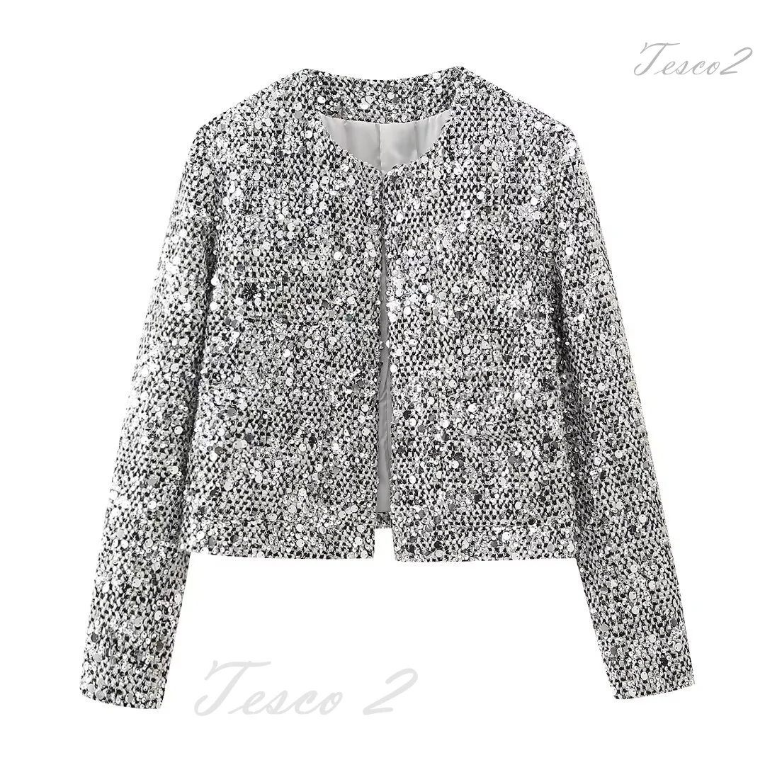Tesco-Silver-Sequined-Blazer-for-Women-Full-Sleeve-Tweed-Jacket-Short ...