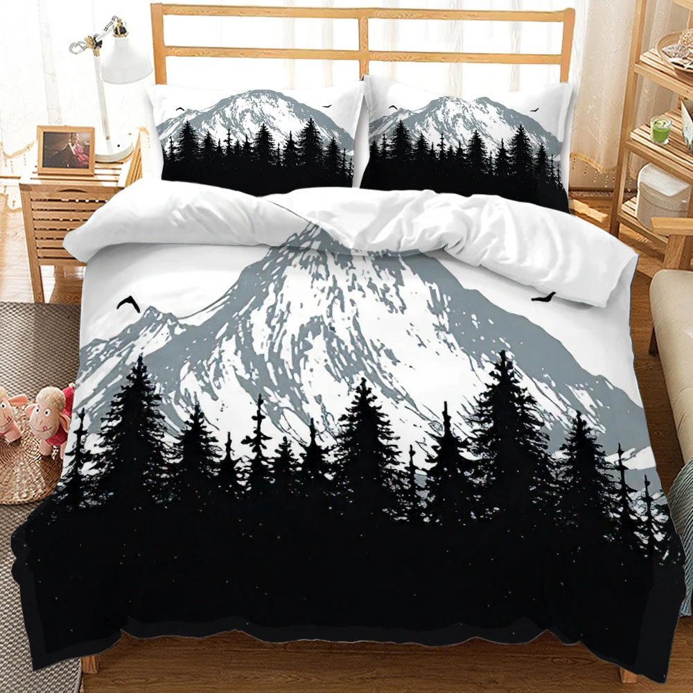3D Mountain Forest Duvet Cover Set Snow Mountain Winter Theme King ...
