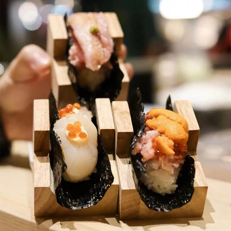 Japanese-Sushi-Rack-Wooden-Taco-Snack-Food-Holder-Wood-Plate-Cuisine ...