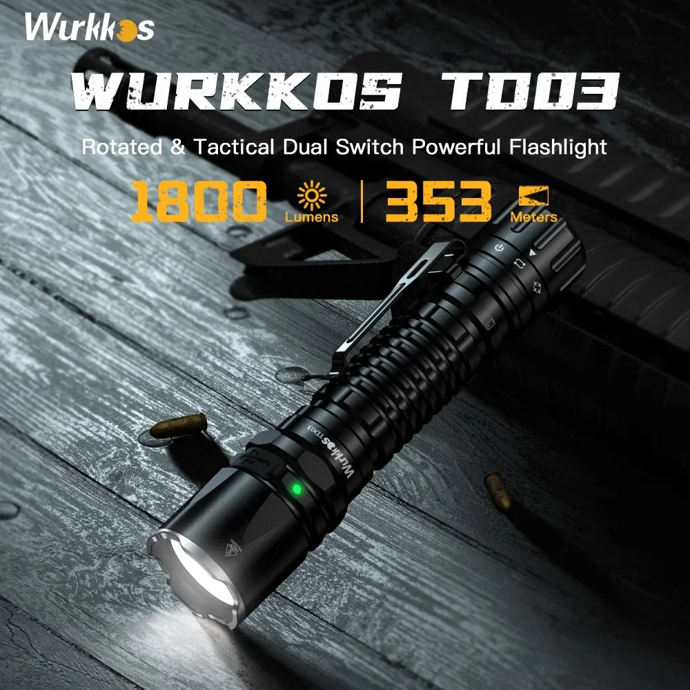 Wurkkos TD03 18650 Rechargeable Tactical Flashlight SFT40 USB-C 1800Lm Rotary Switch Torch Throw ...