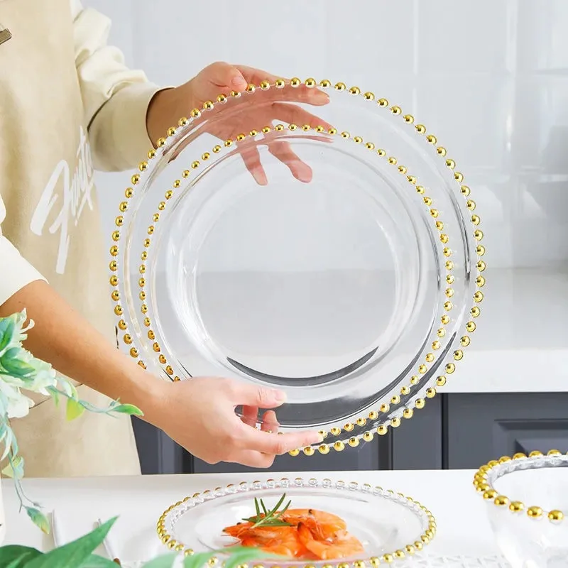 European Style Gold Bead Glass Plates Dinner Dish Salad Fruit Bowl ...
