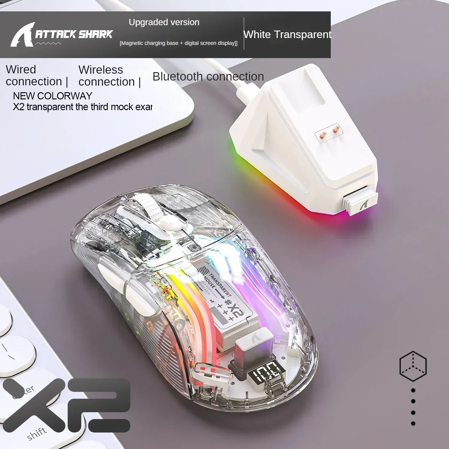 Attack Shark X2 PRO Mouse RGB Wireless Three Mode Transparent Battery ...