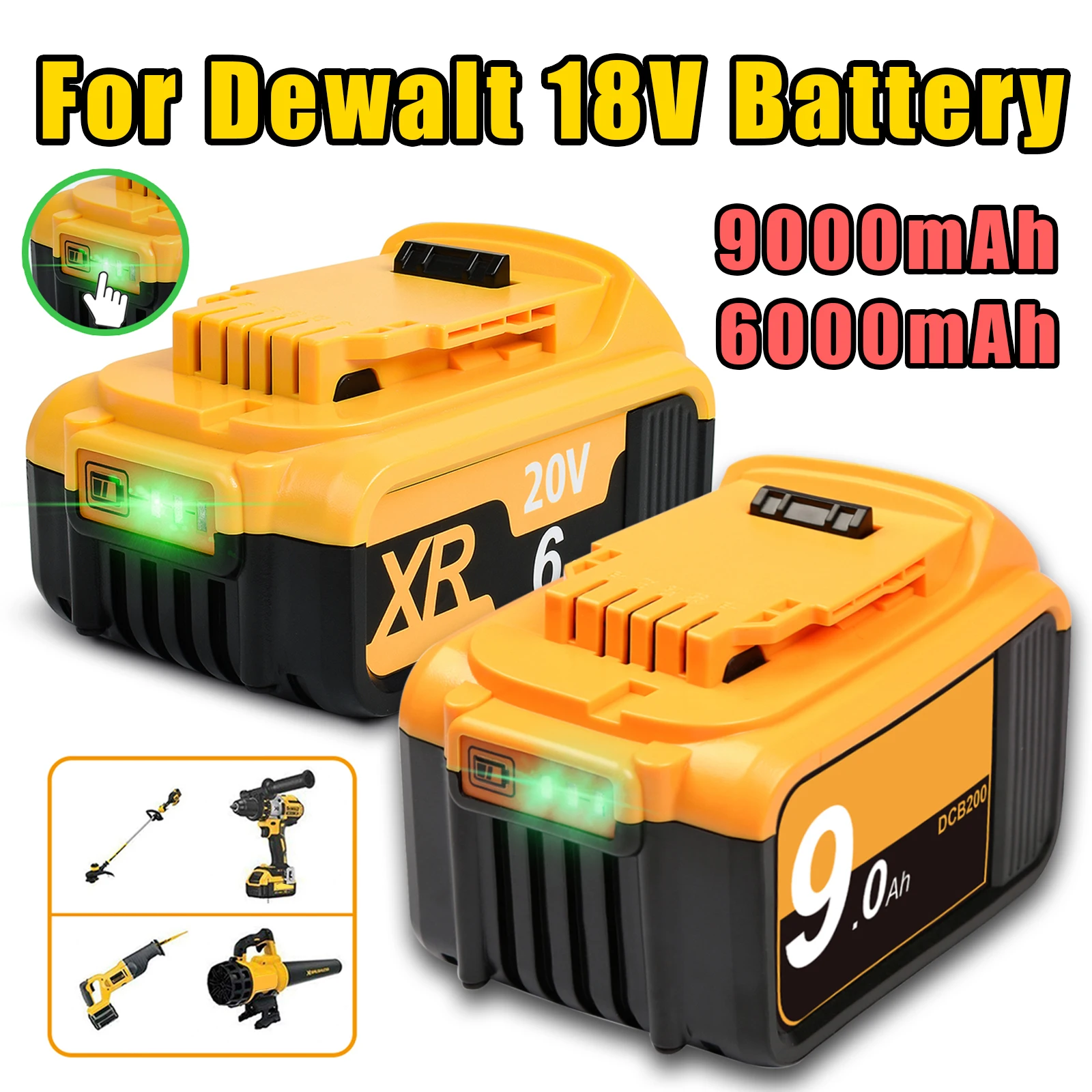 Dewalt DCB200용 Powtree 18V/20V 배터리 6.0Ah/9.0Ah MAX XR 도구 DCB180 DCB181 ...