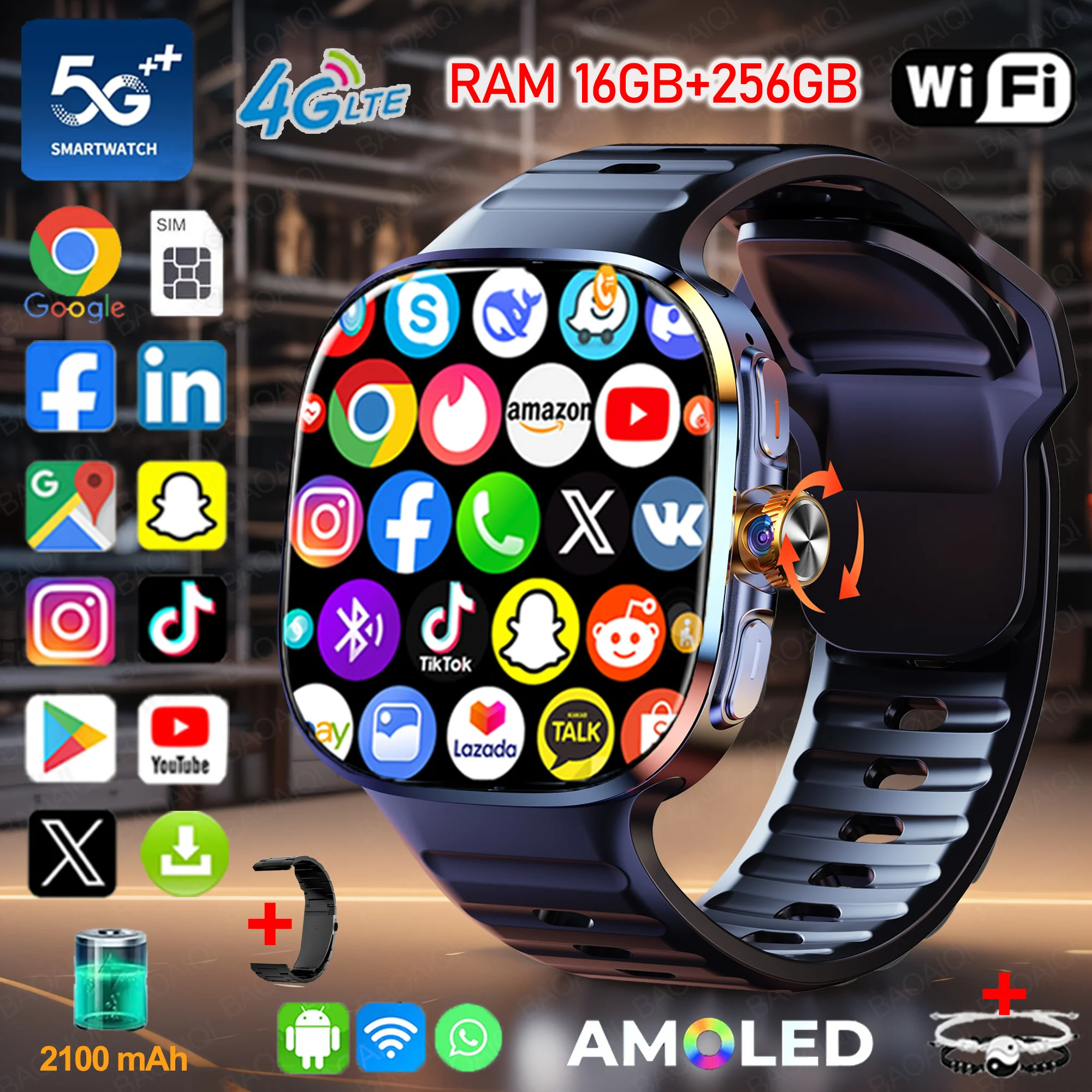 New Large Screen Smartwatch 4G/5G SIM Card Android 10.0 AMOLED 2.4 inch ...