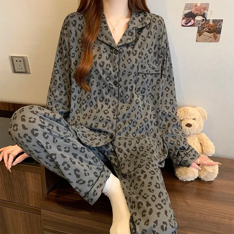 Gray Leopard Print Pajamas Women Spring and Summer Simple Cotton Long ...