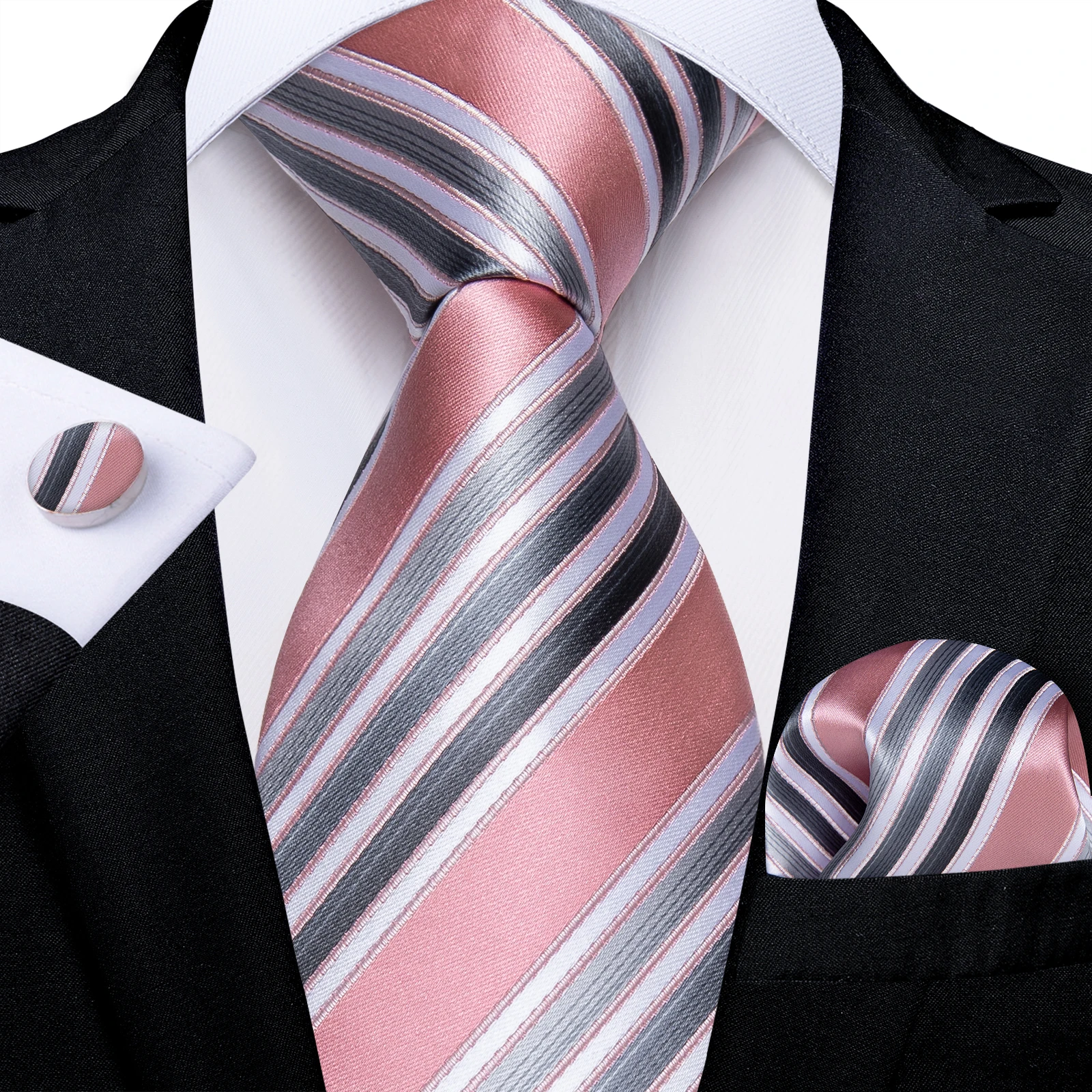 Pink-Gray-White-Striped-Fashion-Silk-Tie-Set-Handkerchief-Cufflinks ...
