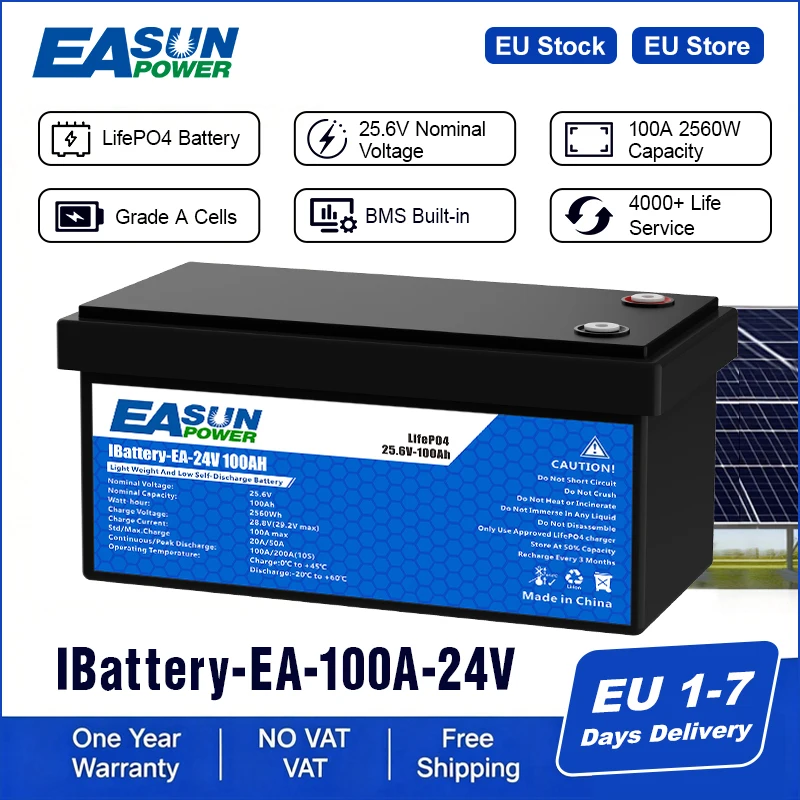 Easun LifePO4 24V 25.6V 100Ah 2560W Battery Pack Grade A BMS Parallel ...