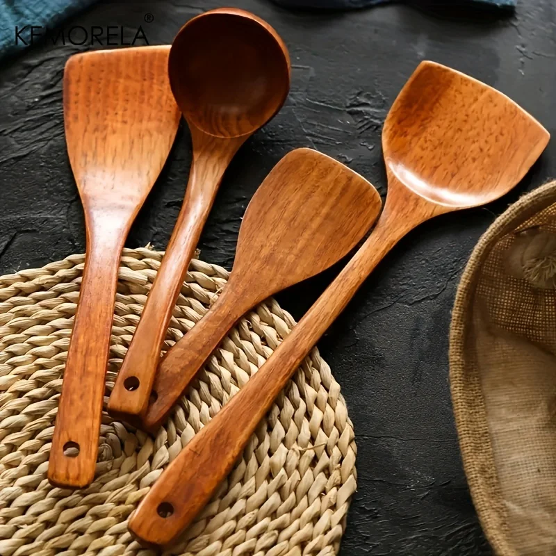 4PCS-Wooden-Spatula-Long-Handle-Rice-Spoon-Wooden-Soup-Spoon-Spatula ...