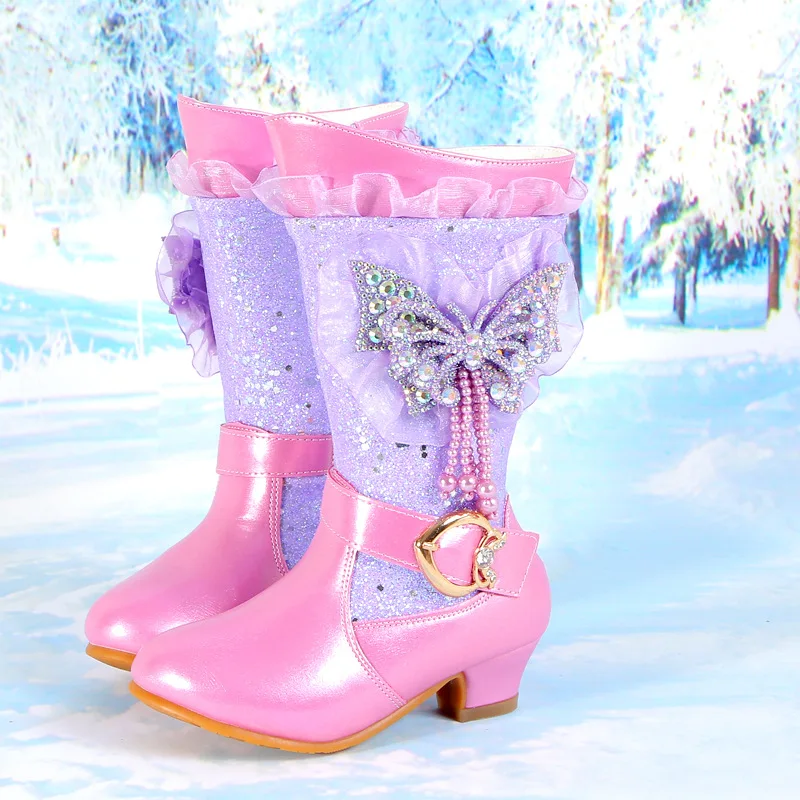 New-Girl-s-Heel-Boots-Rhinestone-Butterfly-Princess-Blue-Boats-Children ...