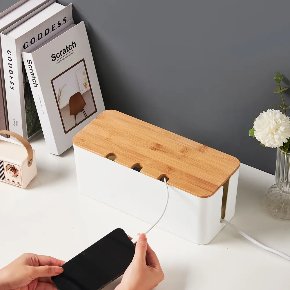 Bamboo Cover Cable Management Box Wire Junction Board Storage Box Hide ...