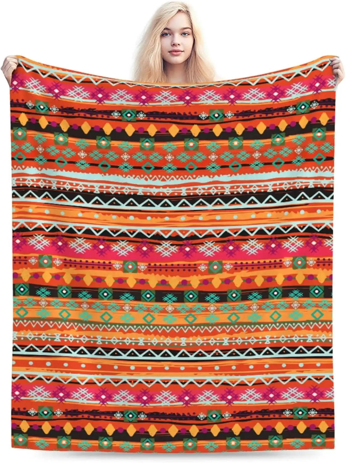 Perinsto Boho Stripes Flowers Geometric Background Throw Blanket Ultra ...