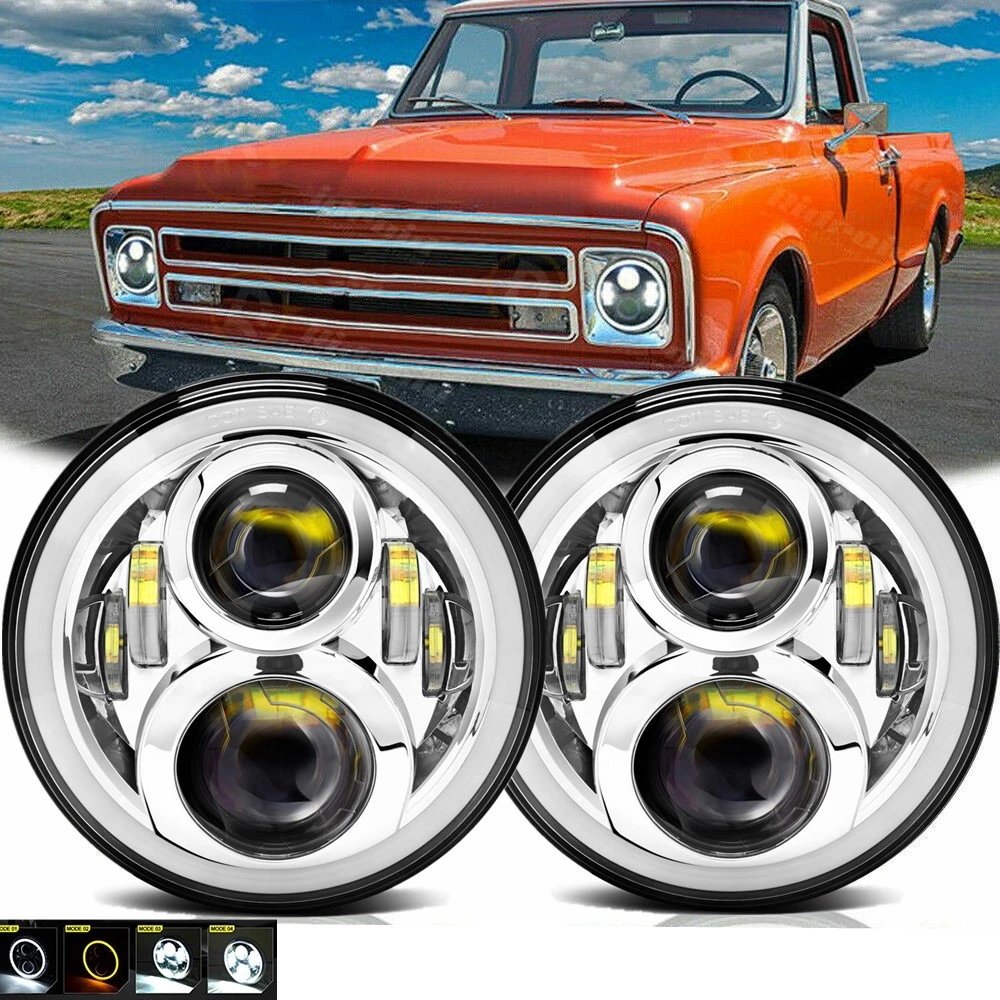 Car Accessories 7 inch LED Headlights Hi Low Beam With Halo Angel Eyes ...