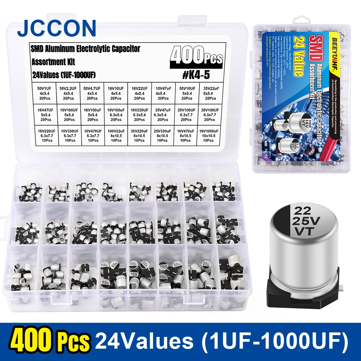 400pcs Jccon Smd Aluminum Electrolytic Capacitor Kit 24values 1uf 2.2uf ...