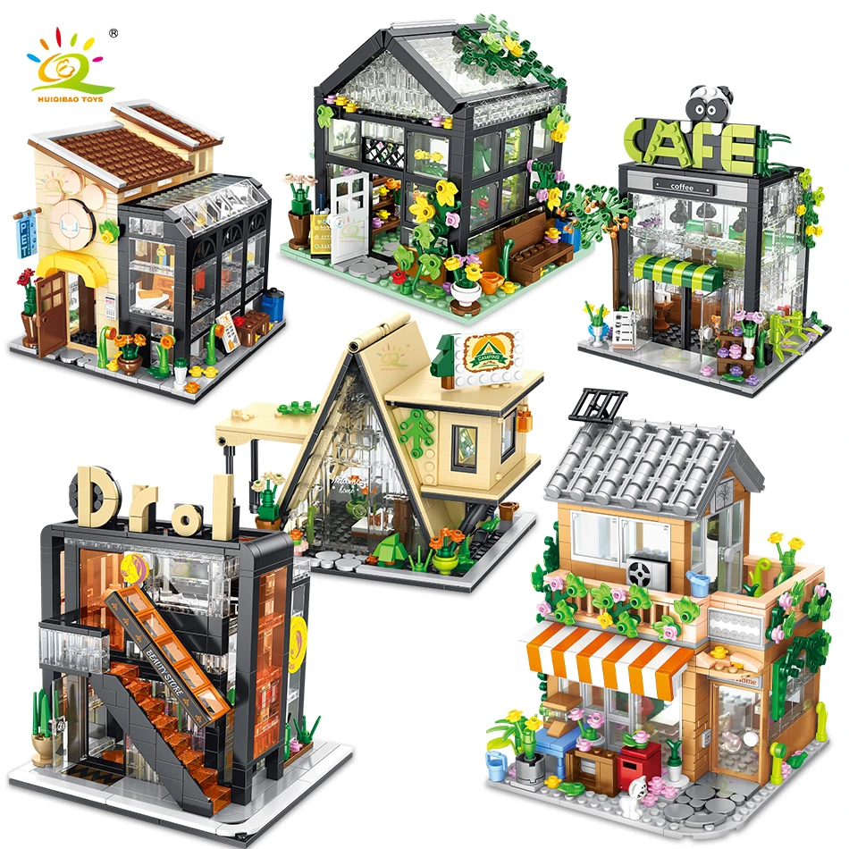 HUIQIBAO City Street View Series Coffee Flower Shop House MOC Model ...