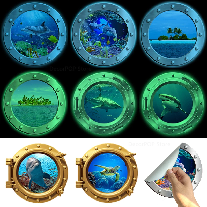 24cm Luminous Simulated Porthole Wall Stickers Ocean Whales Sharks ...