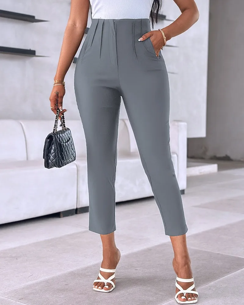 Elegant Women Chic Fashion Detail Office Wear Pants Vintage High Waist ...