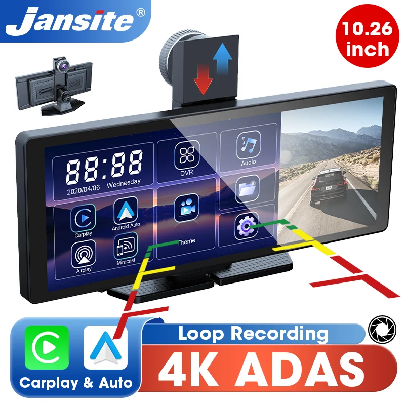 Jansite 10.26" 4K Car DVR ADAS Dash Cam Wireless CarPlay Android Auto ...