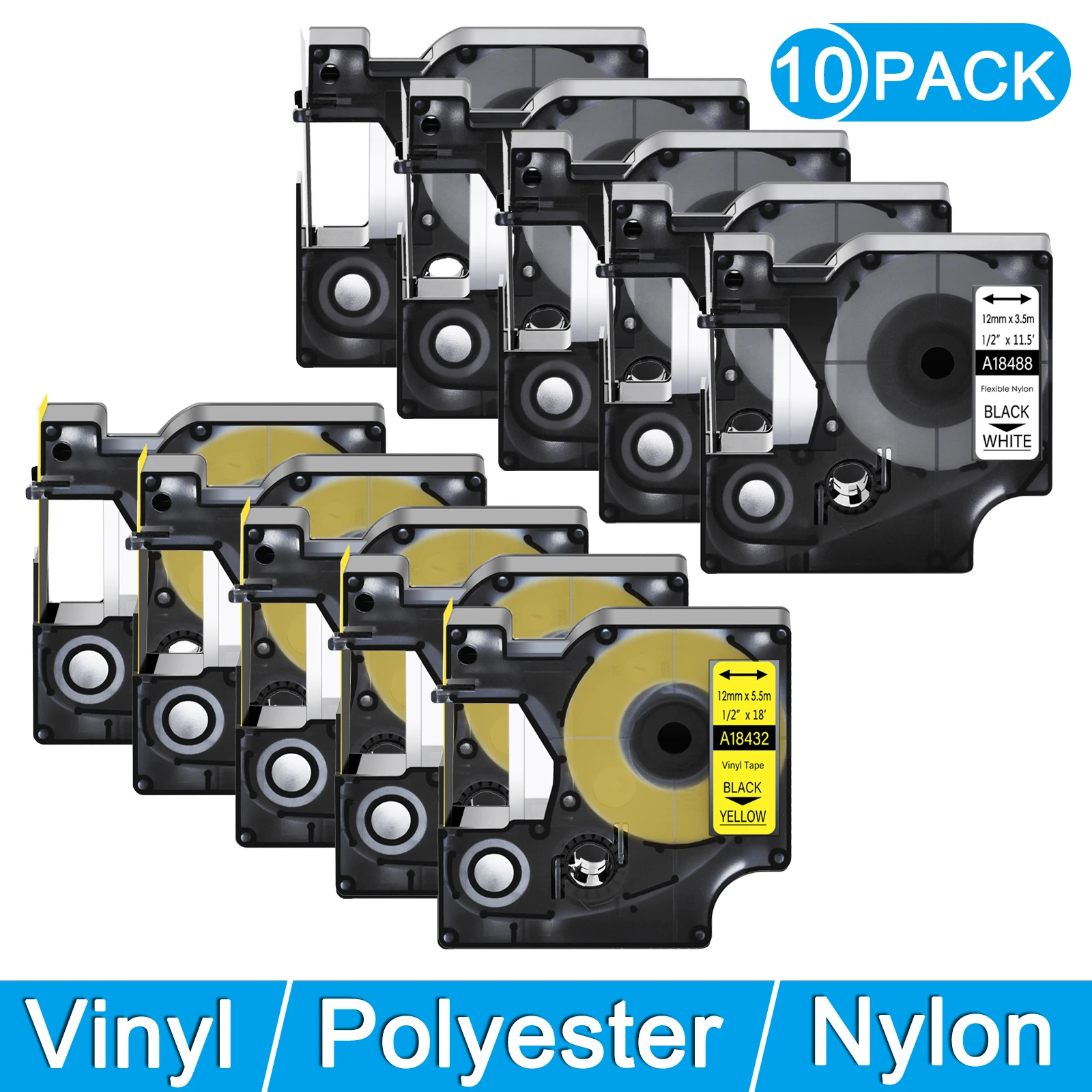10PK-IND-Flexible-Nylon-Label-Tapes-12mm-Vinyl-Permanent-Polyester ...