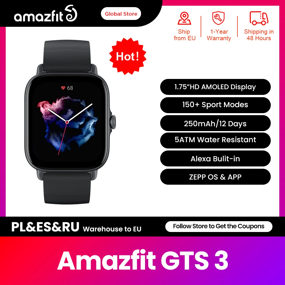 New Amazfit GTS 3 GTS3 GTS 3 Smartwatch 5 ATM Waterproof Alexa Built in ...