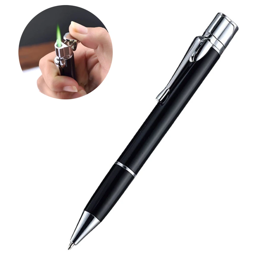 Creative-Ballpoint-Pen-Lighter-Metal-Windproof-Jet-Green-Torch-Lighter ...