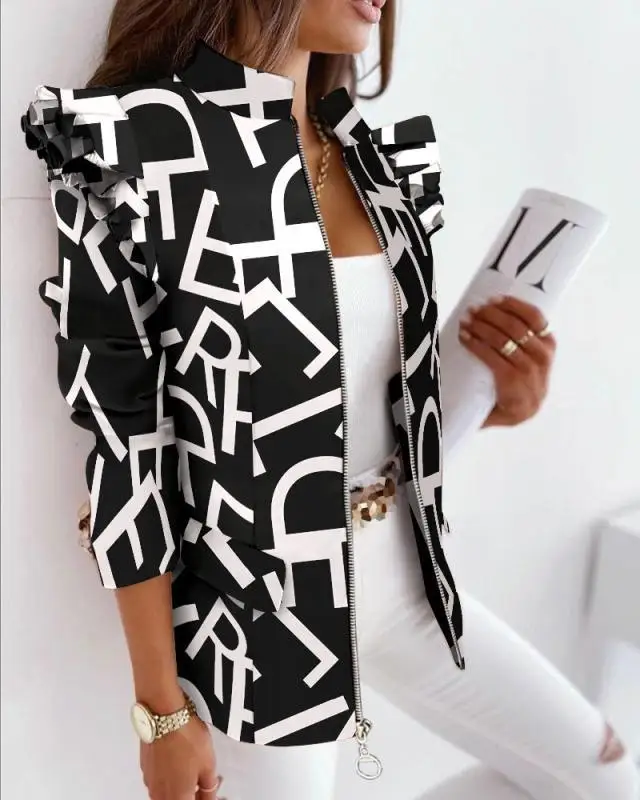 Women's Ruffled Long-sleeve Zipper Print Blazer