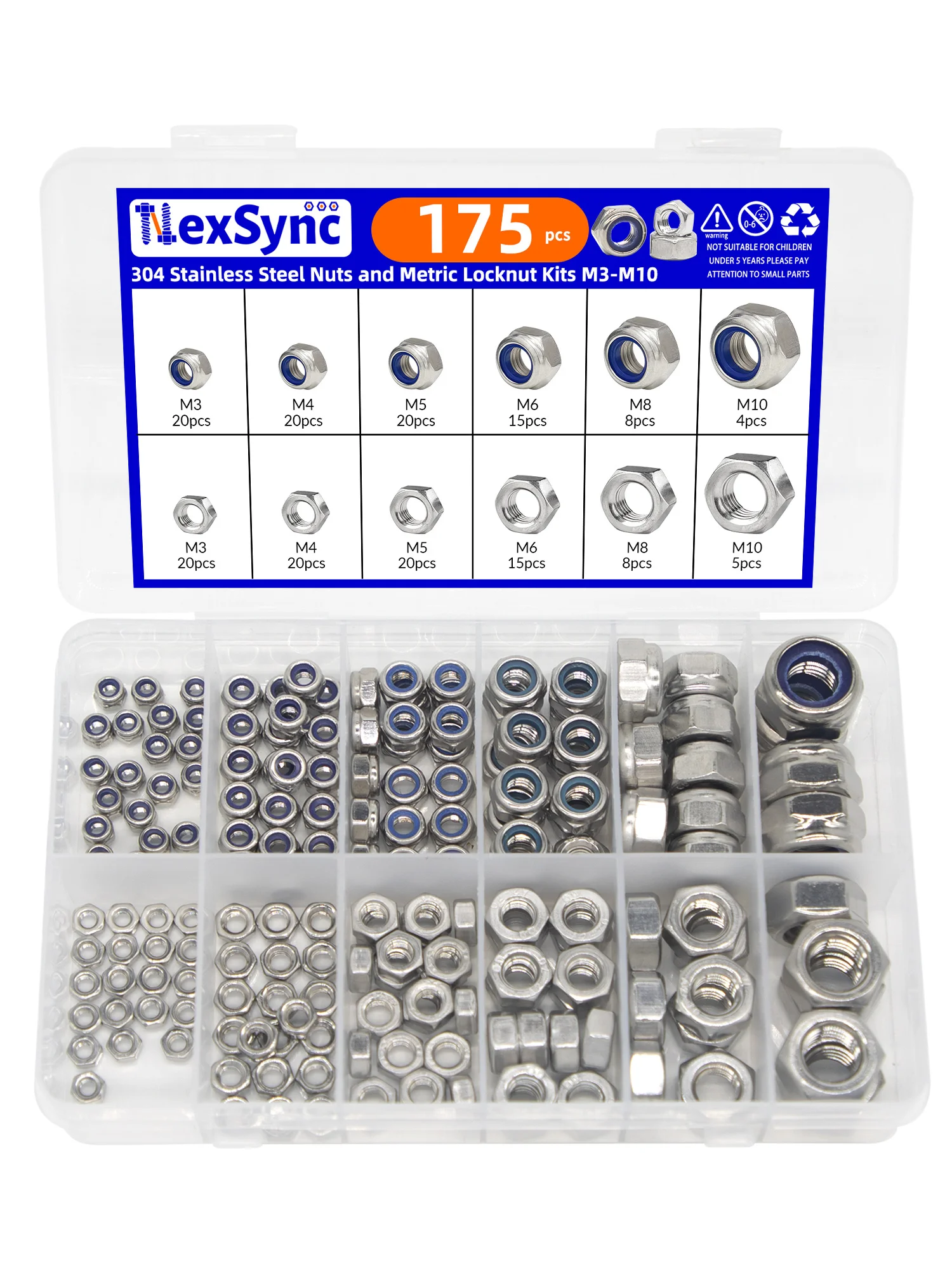 175pcs 304 Stainless Steel Nuts and Metric Locknut Kits M3 M4 M5 M6 M8 ...