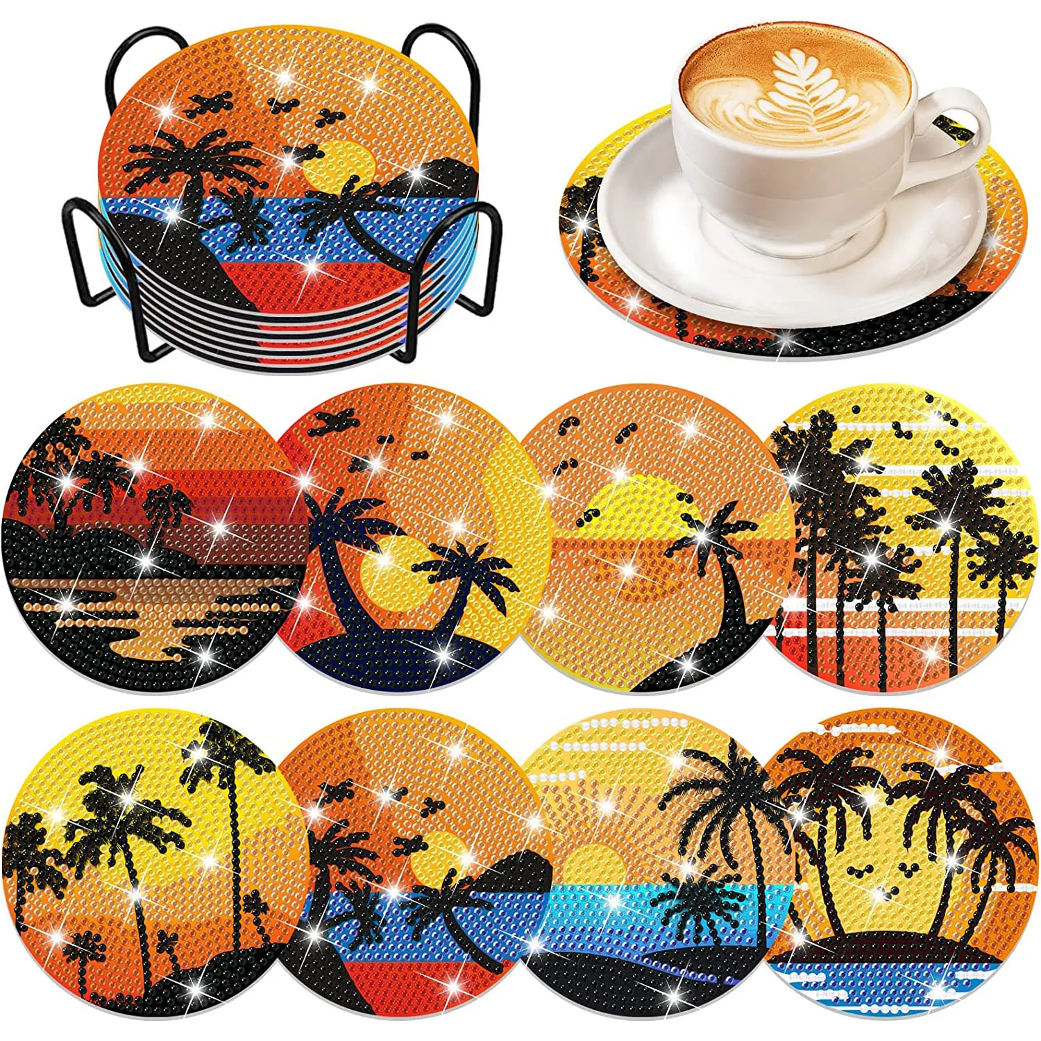 8 pieces/set of sunset scenery diamond painted coasters DIY diamond art ...