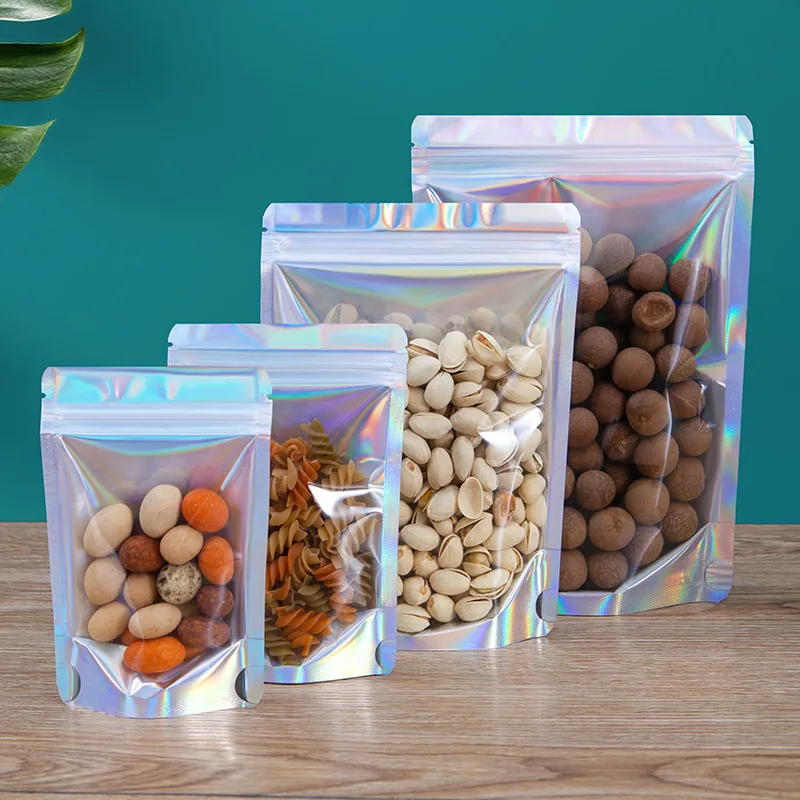 100pcs Stand Up Zip Lock Bag Holographic Laser Clear Front Snack Food ...