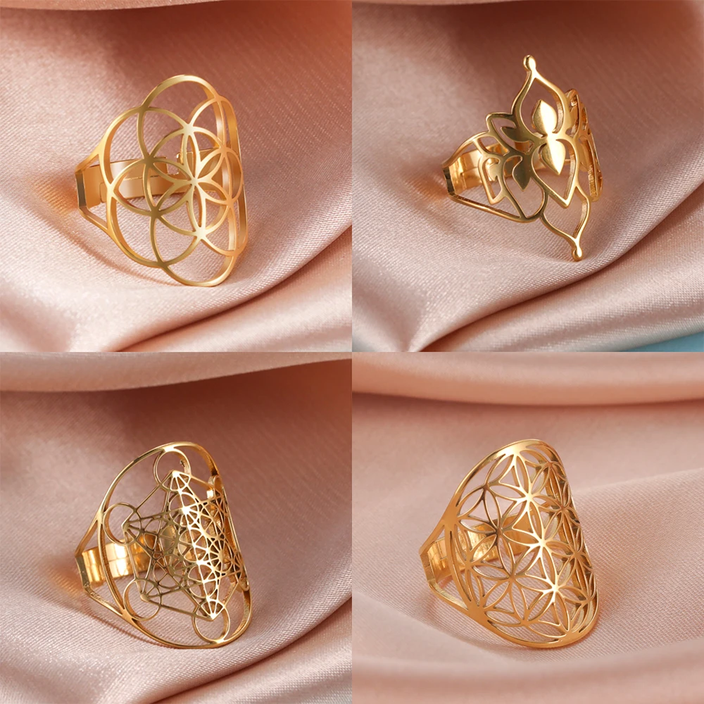 EUEAVAN-5pcs-Vintage-Flower-of-Life-Lous-Ring-Adjustable-Stainless ...