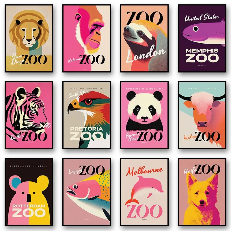 Retro-Zoo-Animal-Tiger-Lion-Monkey-Fish-Highland-Cattle-Posters-and ...