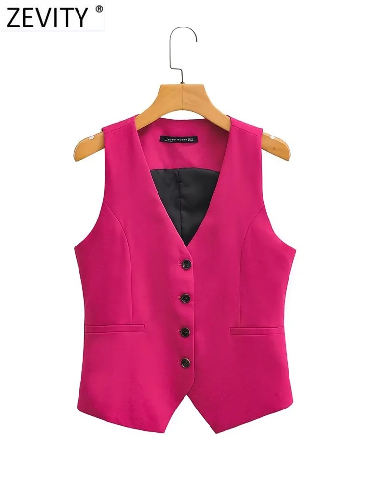Zevity Women Fashion V Neck Sleeveless Pockets Short Vest Jacket Office ...
