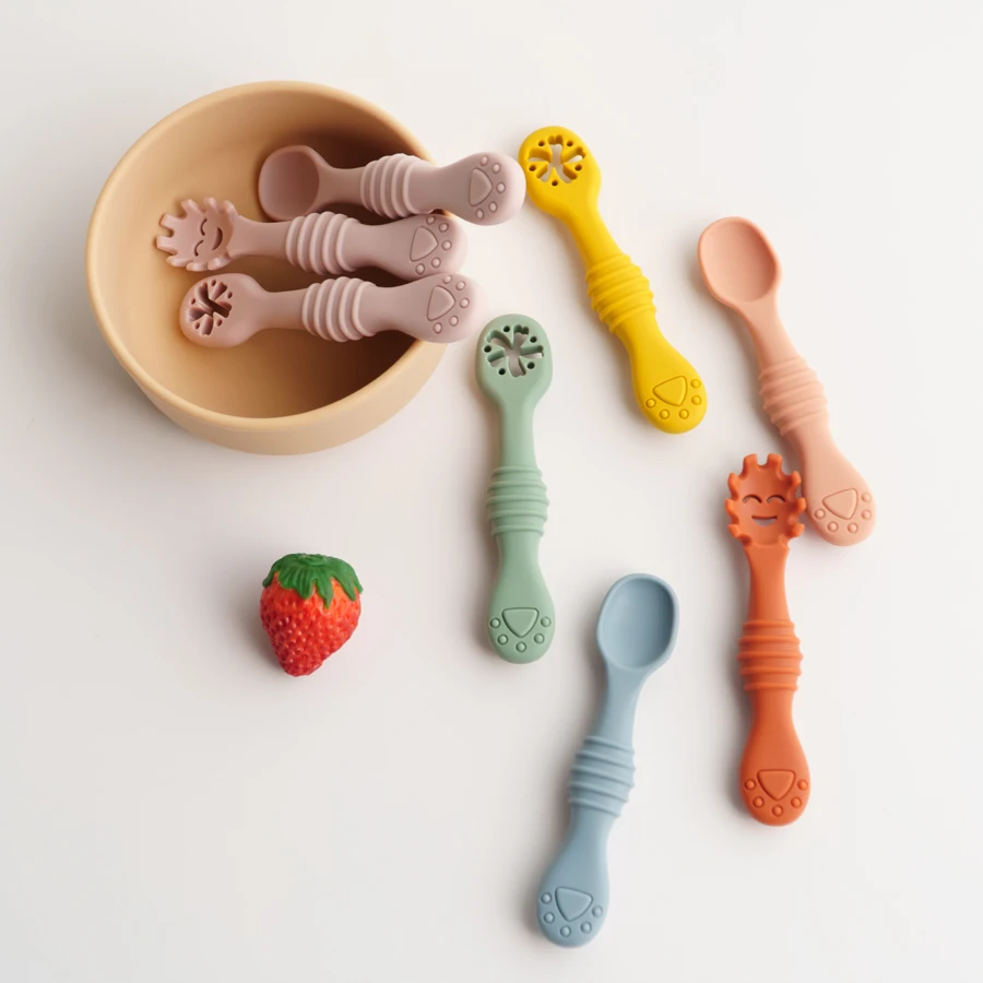3PCS Cute Baby Learning Spoons Utensils Set BPA Free Silicone Sticky ...