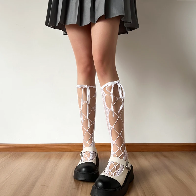 Sexy Women Stockings Bandage Cross Ribbon Knee Lolita Lace Socks Anti ...