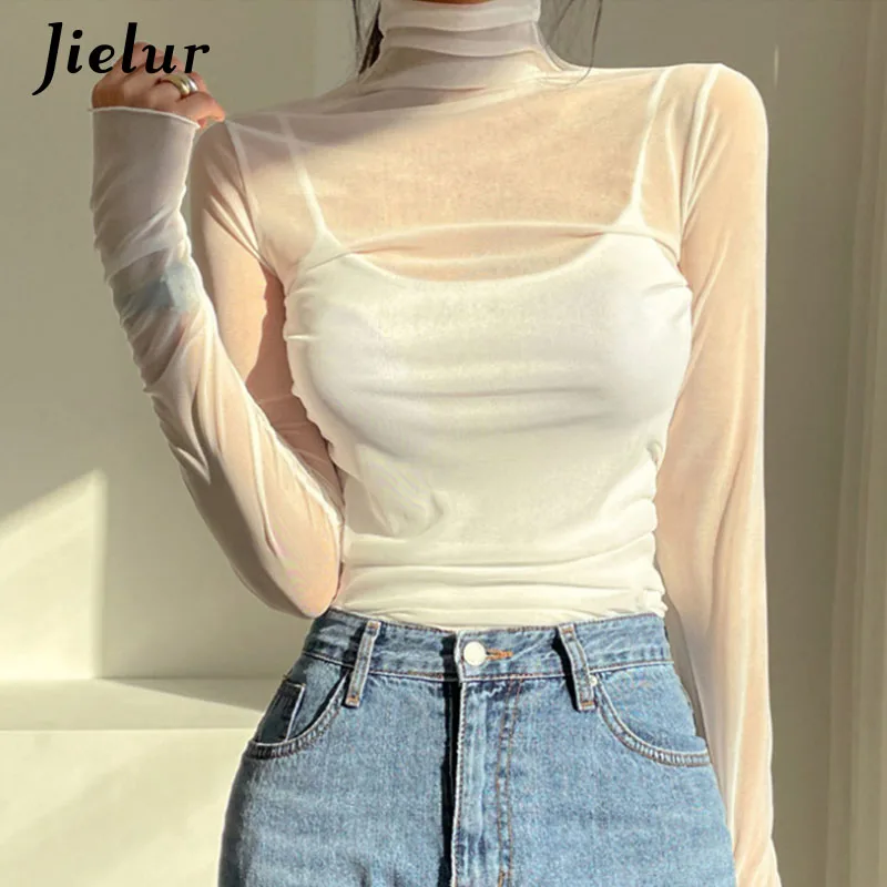 Jielur Primavera Sexy Mulheres Camiseta Ver Através Transparente Malha ...