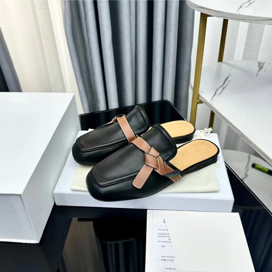 Genuine-Leather-Women-s-Flat-Slippers-Metal-Buckle-Decor-Wrap-Toe-Mules ...