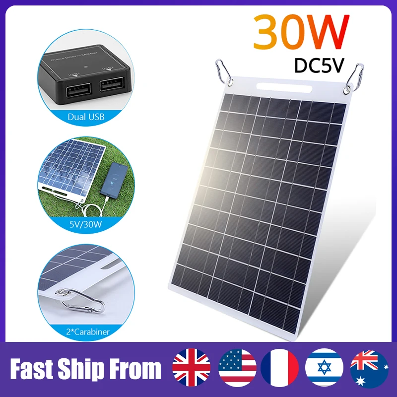 30W-Solar-Panel-5V-Dual-USB-Solar-Power-Bank-Waterproof-Portable-Solar ...
