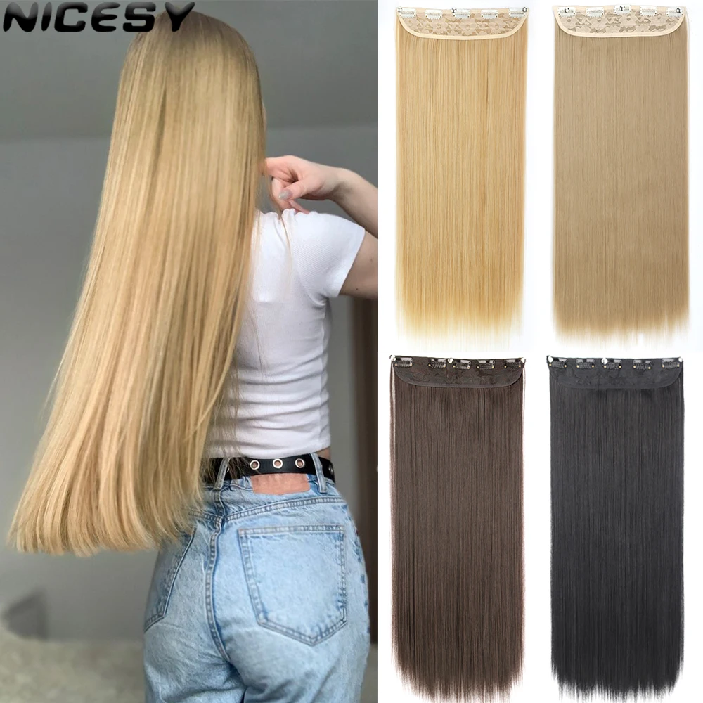 Synthetic-5-Clip-On-Hair-Extension-Long-Straight-Hairpiece-Natural-Heat ...