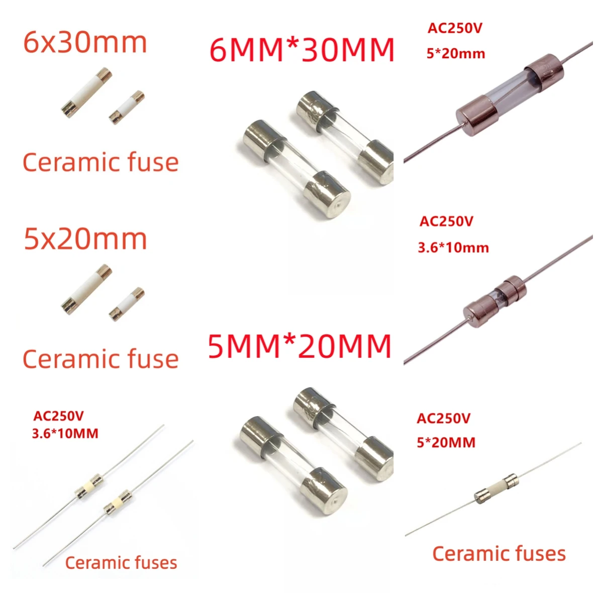 10pcs-lot-Fast-Blow-Glass-Tube-Fuses-3-6x10mm-5x20mm-6x30mm-250V-800mA ...