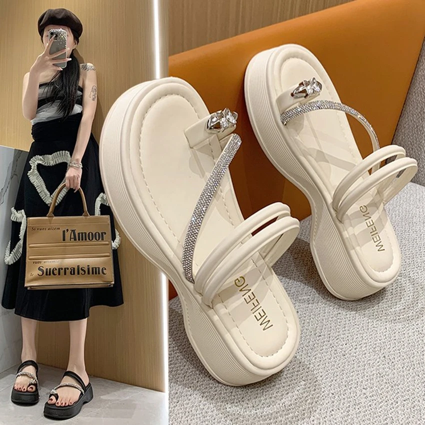 Women's Two-Way Sandals 2024 Summer New Fairy Style Rhinestone Flat ...