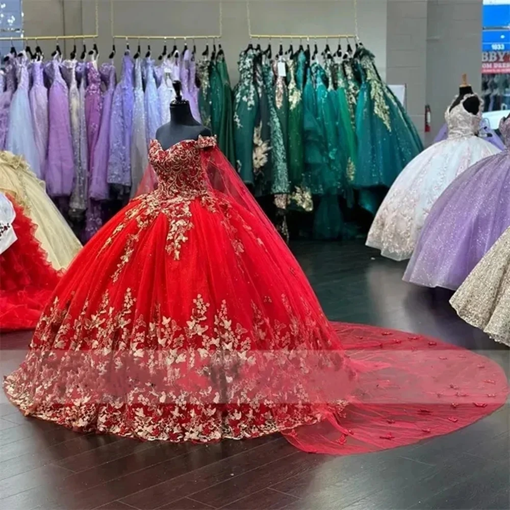 ANGELSBRIDEP-Red-Tulle-Luxury-Ball-Gown-Quinceanera-Dresses-With-Cape ...