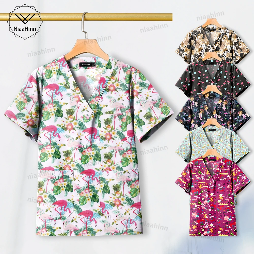 High Quality Printed Scrub Tops Cotton Breathable Work Wear Women Men ...