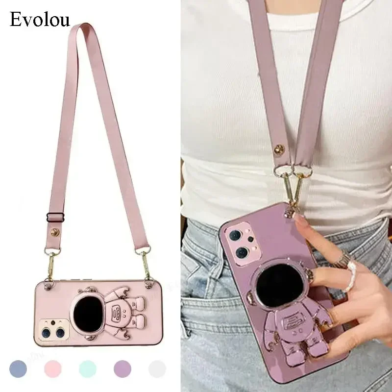 6D Plating Astronaut Lanyard Phone Case with Soft TPU Back Cover for ...