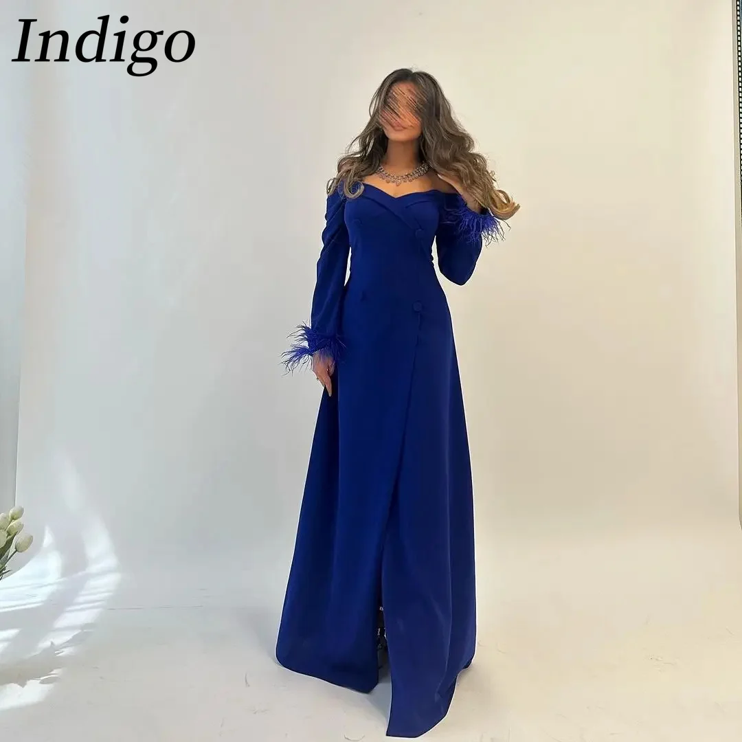 Indigo-Prom-Dresses-Off-The-Shoulder-Floor-Length-A-Line-Feathers-High ...