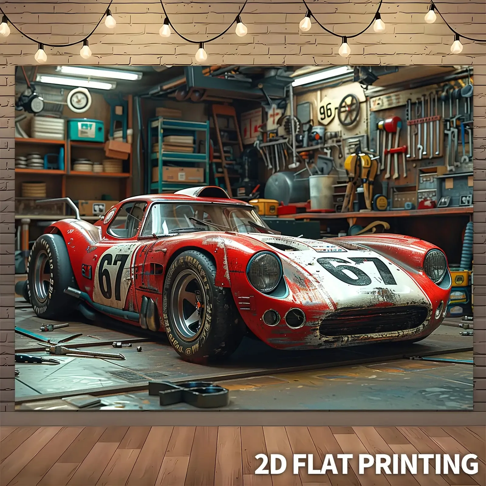 2D flat, 1 large retro racing repair shop background cloth - red sports ...