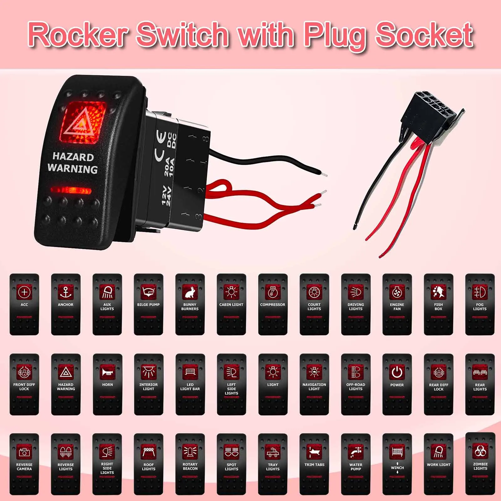 12V 24V Red Led Hazard Rocker Switch with Plug Socket SPST / DPDT ...