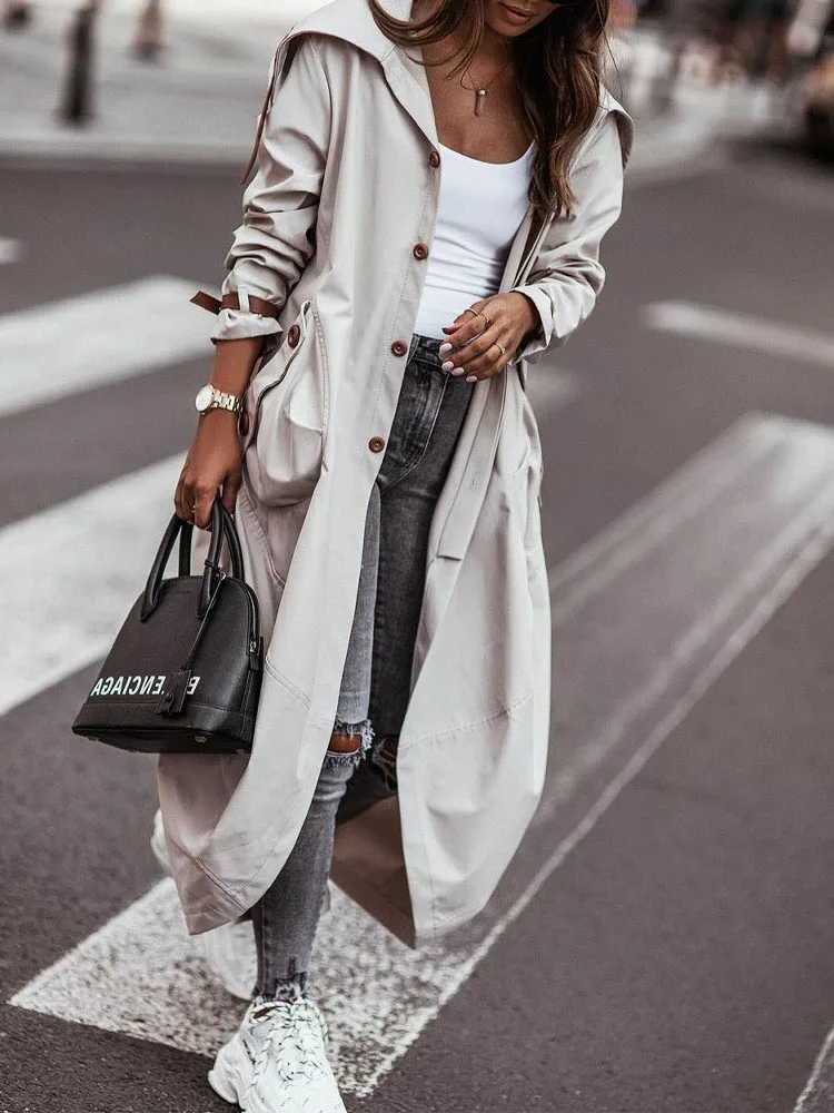 Single Breasted Pocket Hem Casual Elegant Trench Coat