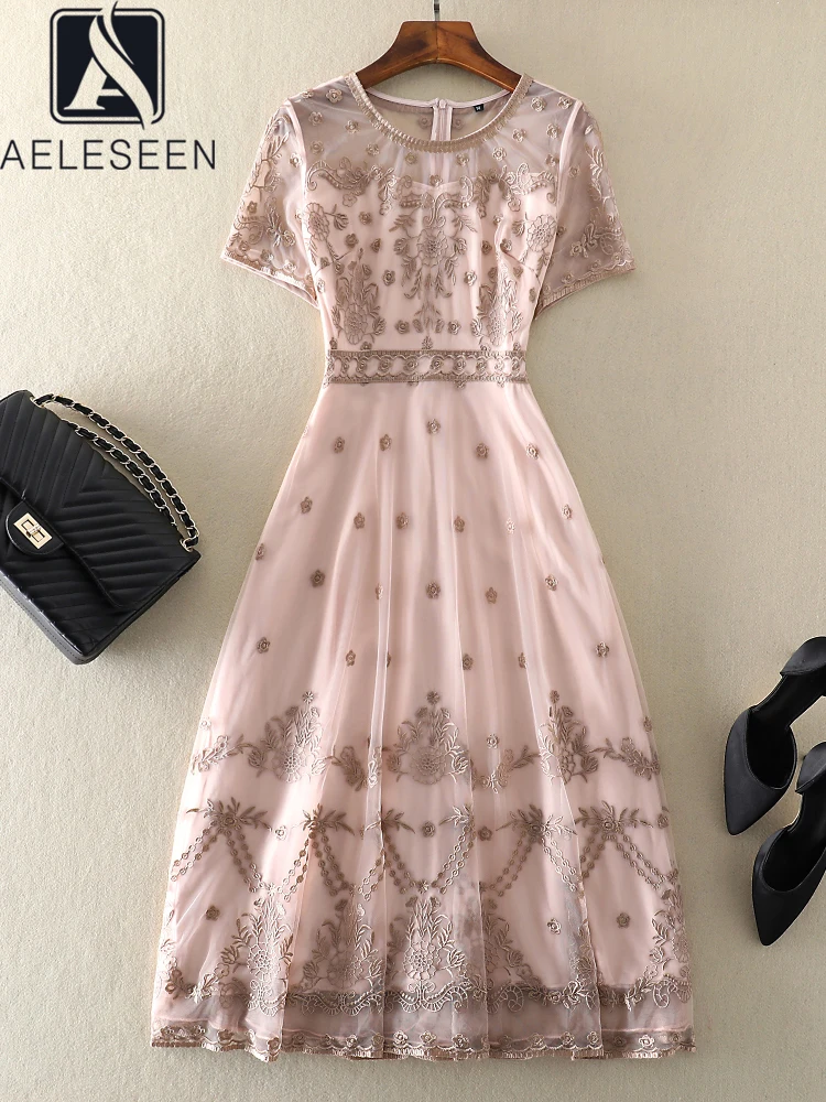 AELESEEN Fashion Designer Summer Dress Women's Short Sleeve Luxury Pink ...