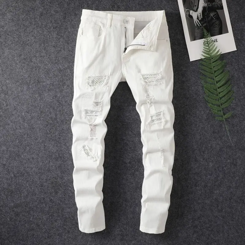 2024 spring and summer hot selling men's white distressed hot drilling ...