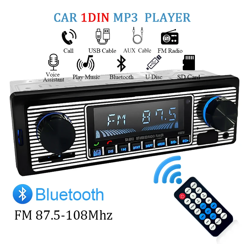 Hippcron Car Radio 1 DIN Stereo FM Bluetooth MP3 Audio Player Cellphone ...